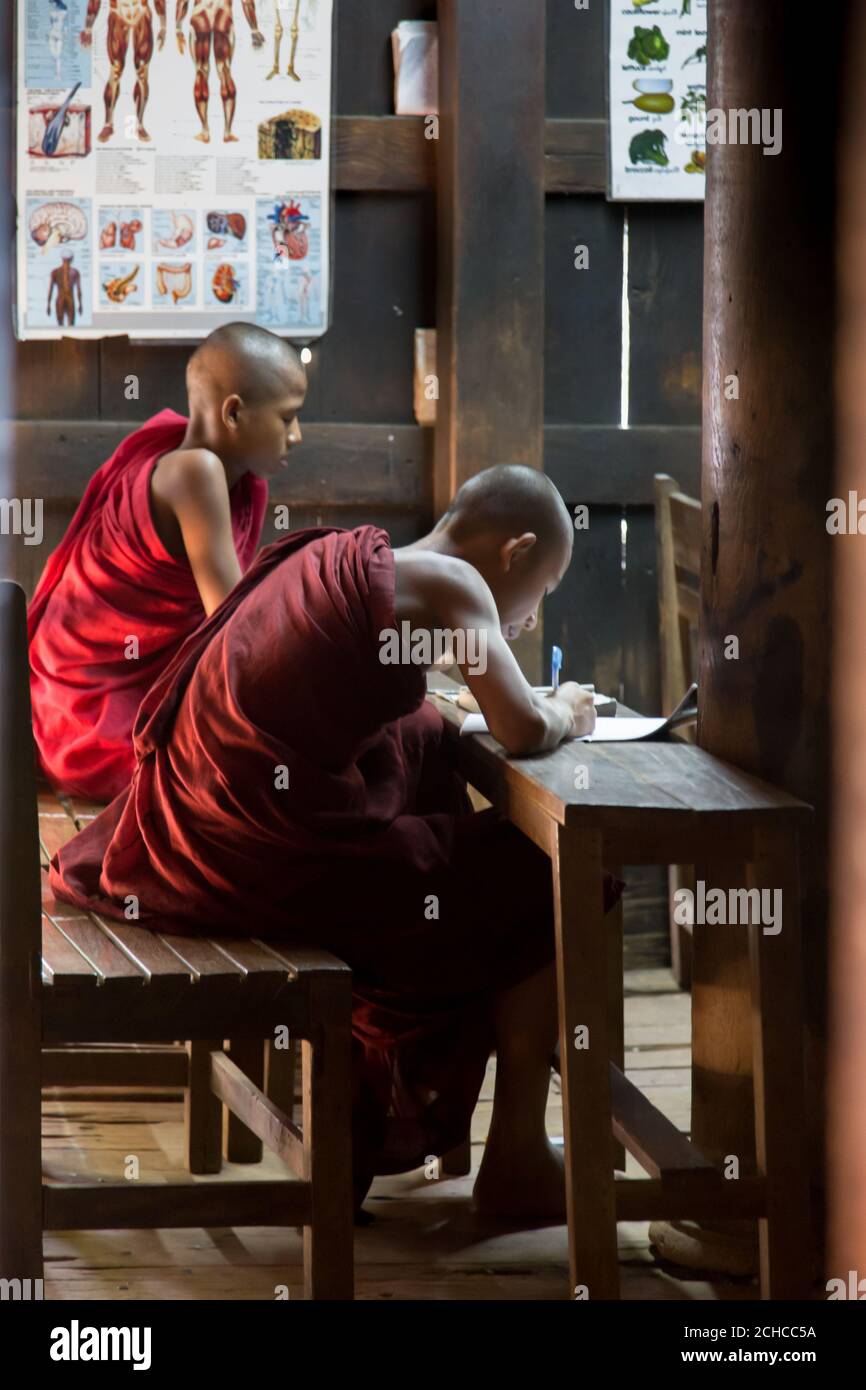 Bagaya Monastery, Inwa Myanmar 12/12/2015 Interior of teak built ...