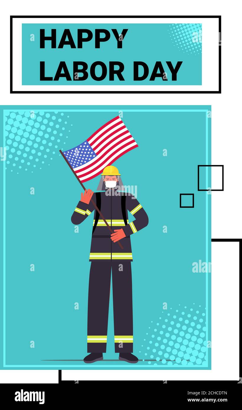 firefighter in uniform holding USA flag labor day celebration concept ...