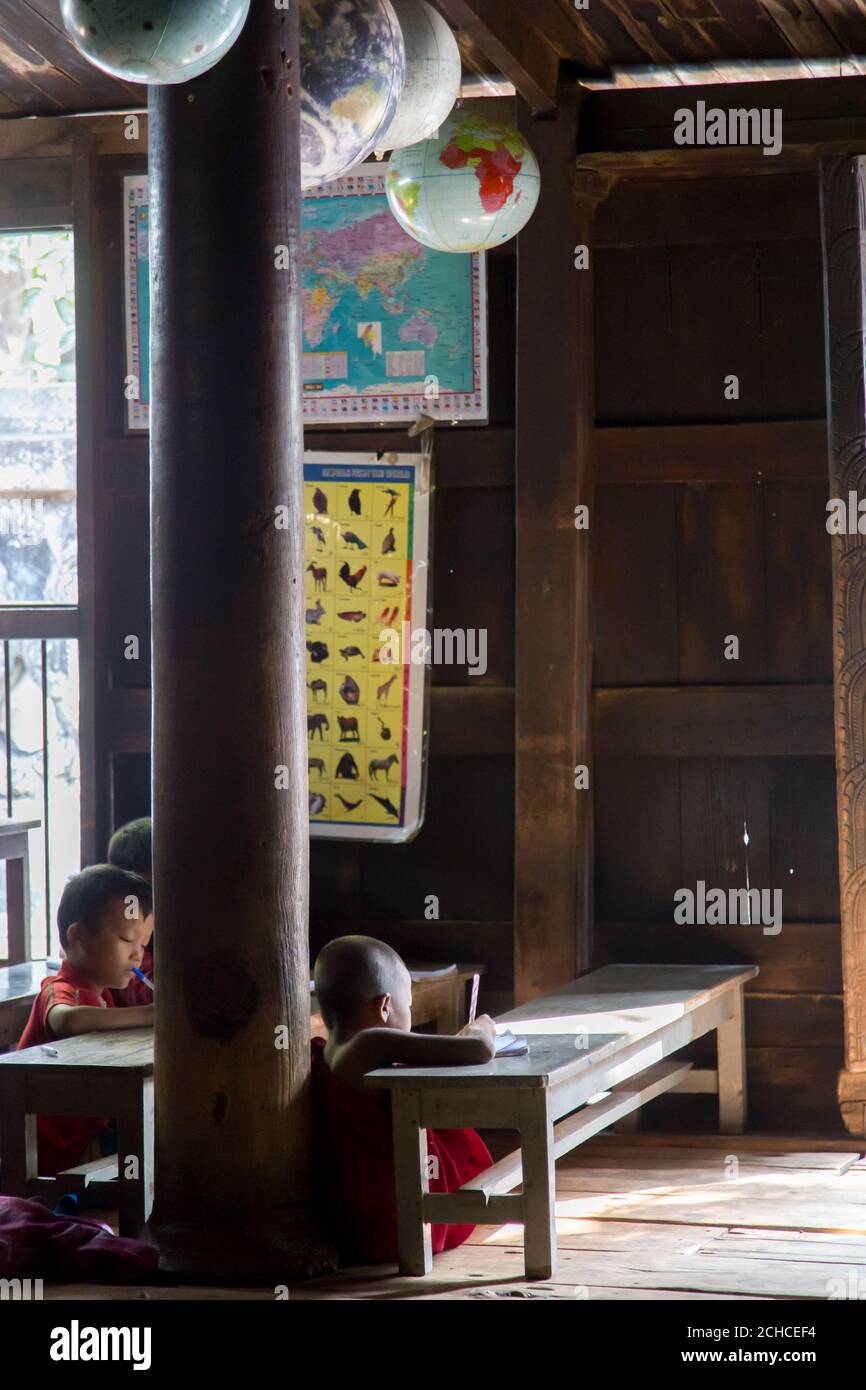 Bagaya Monastery, Inwa Myanmar 12/12/2015 Interior of teak built ...