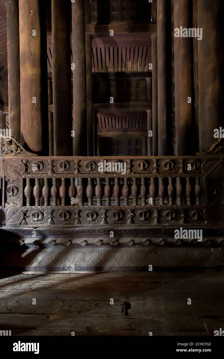 Bagaya Monastery, Inwa Myanmar 12/12/2015 Interior of teak built ...