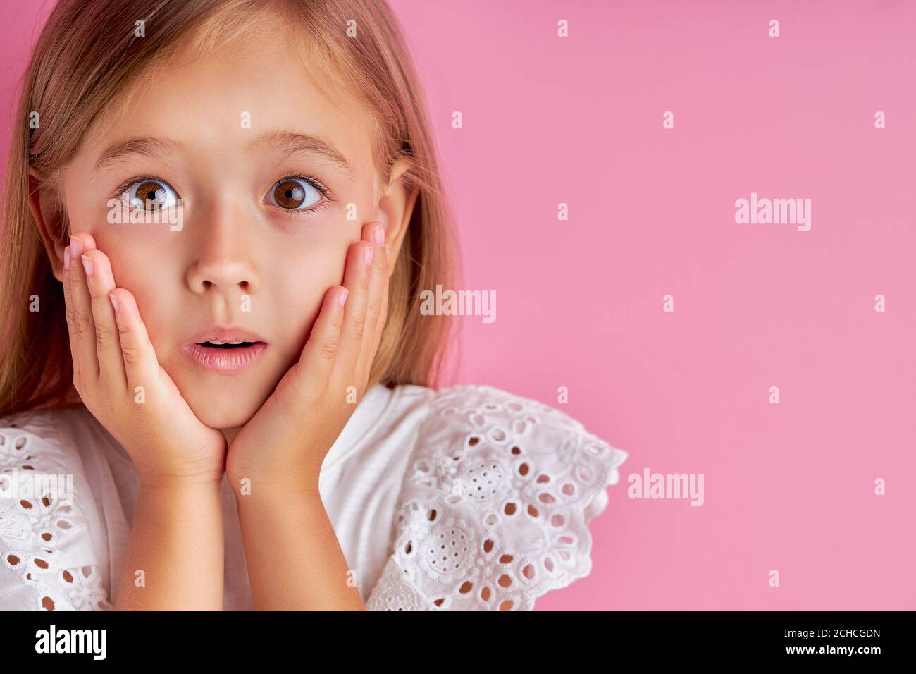 portrait of little caucasian girl in shock, she is surprised by ...