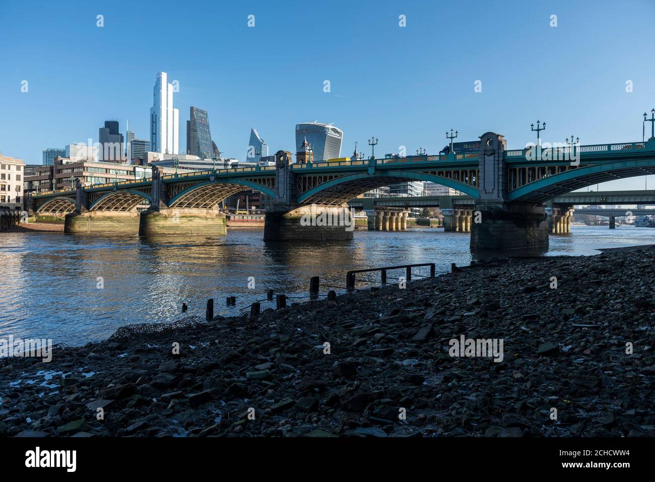 View to the City looking north east from the Thames at Southwark on a ...