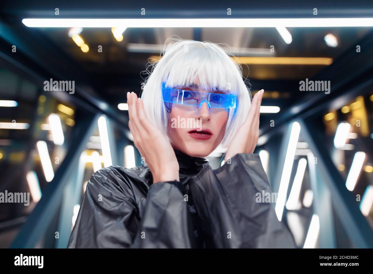 Female futuristic portrait. Woman in cyber glasses Stock Photo - Alamy