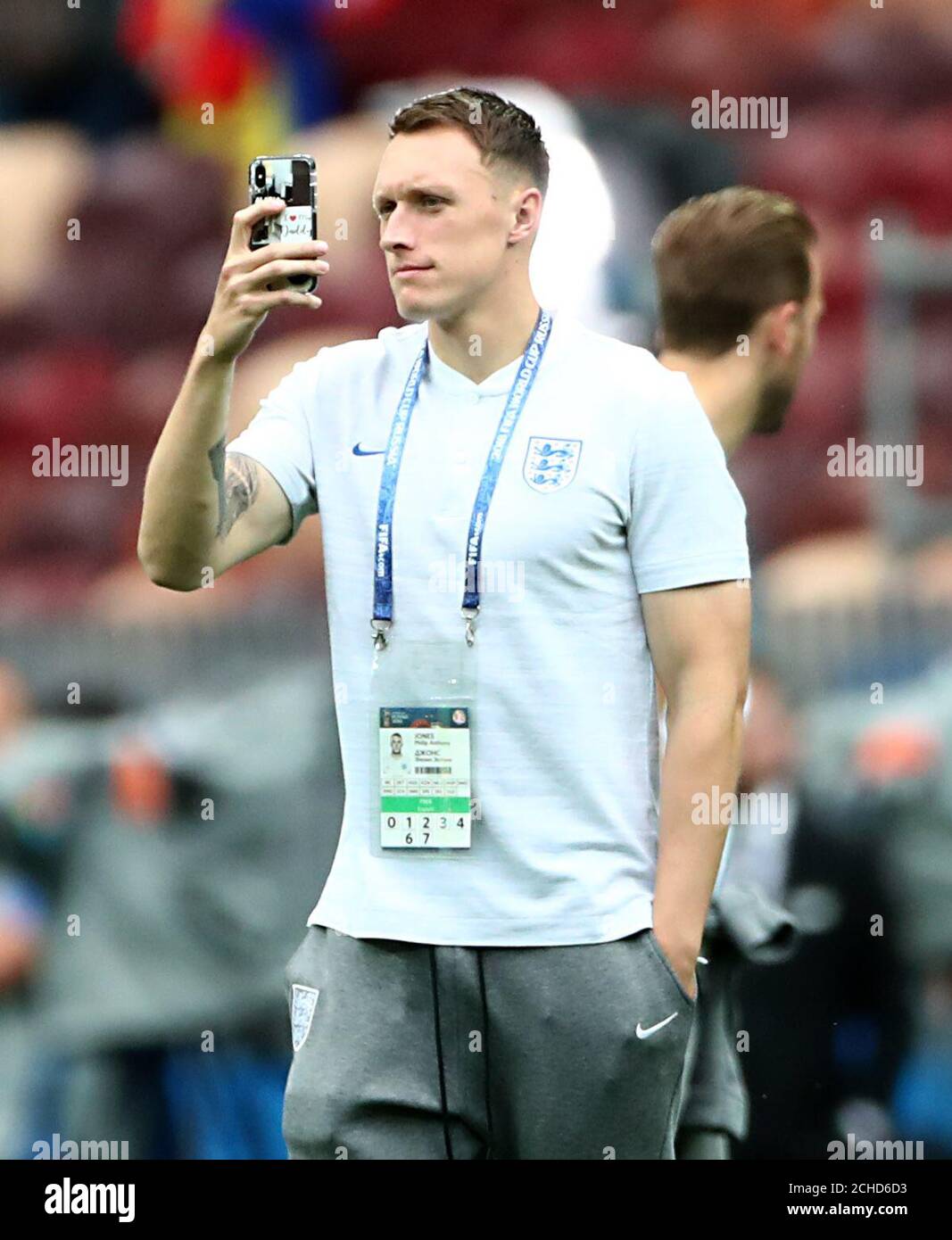 England's Phil Jones inspects the pitch ahead of the FIFA World Cup ...