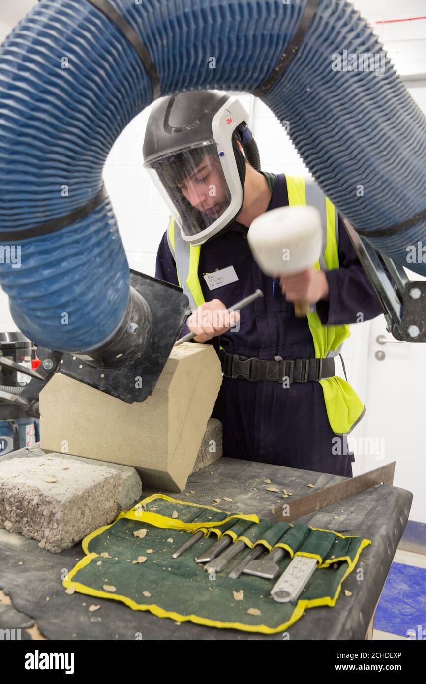 A stonemason apprentice working outside St Mary's Episcopal Cathedral ...