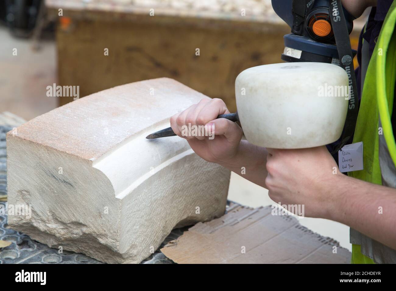 A stonemason apprentice working outside St Mary's Episcopal Cathedral ...