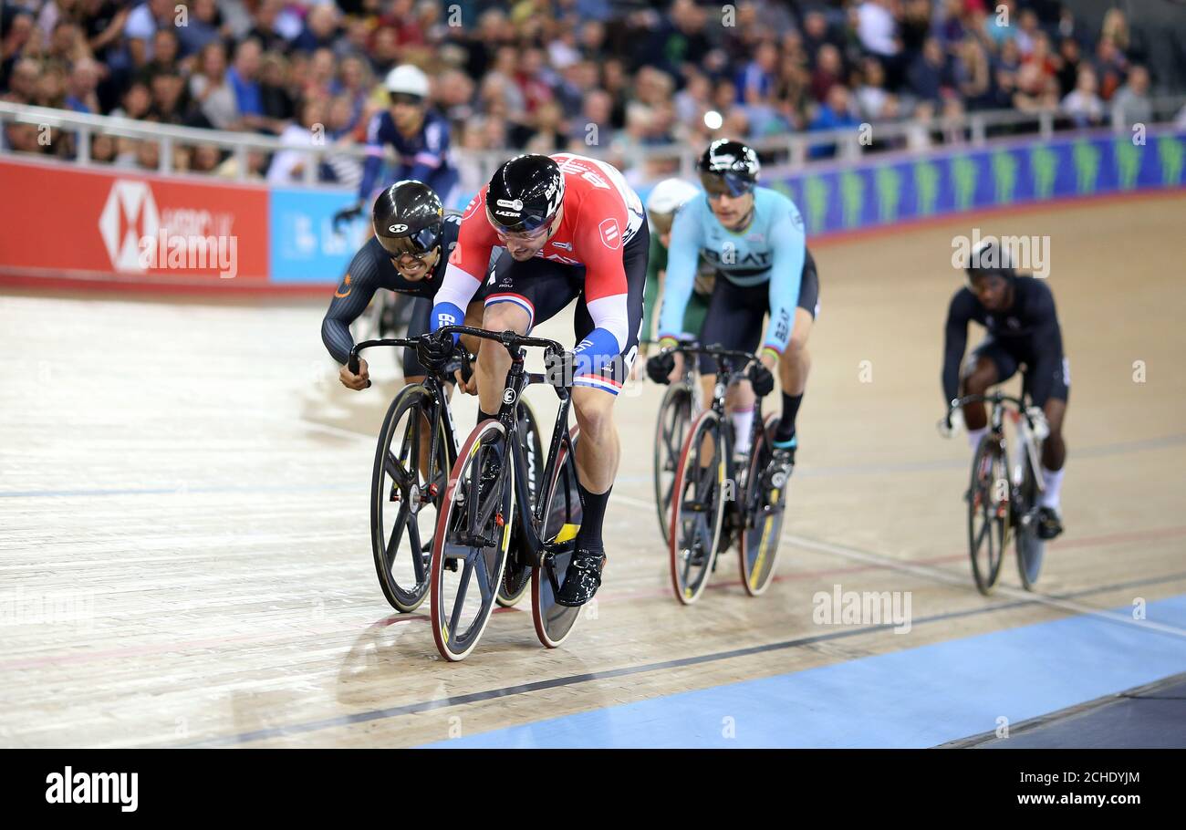 Matthijs Buchli of Netherlands winning the Men's Keirin Final day two ...