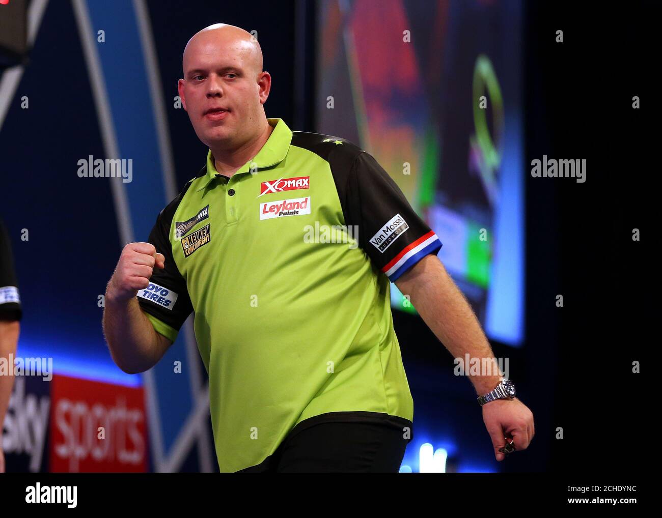 Michael van Gerwen reacts during the match with Alan Tabern during day ...