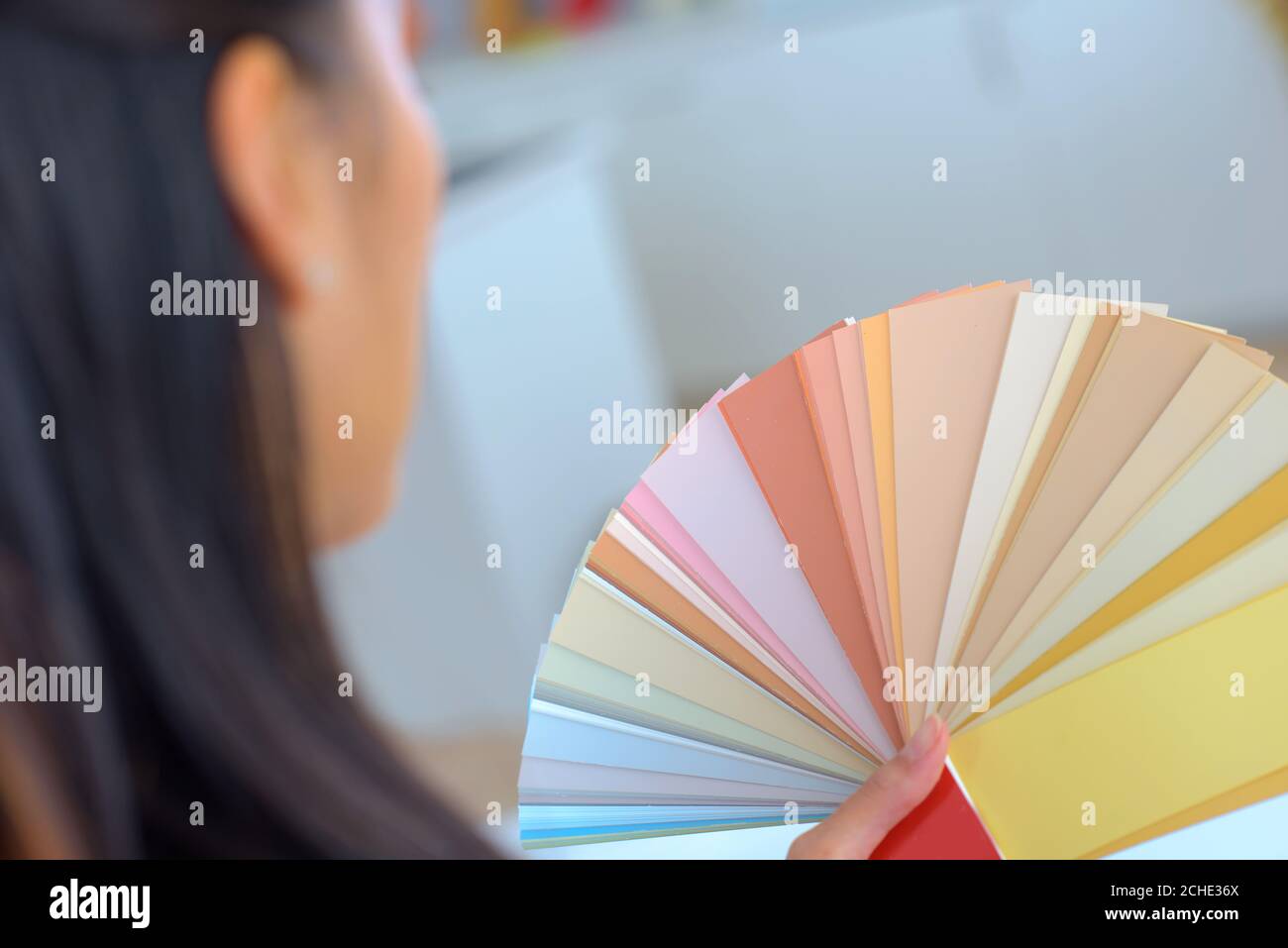 woman selecting home interior paint color from swatch catalog Stock ...