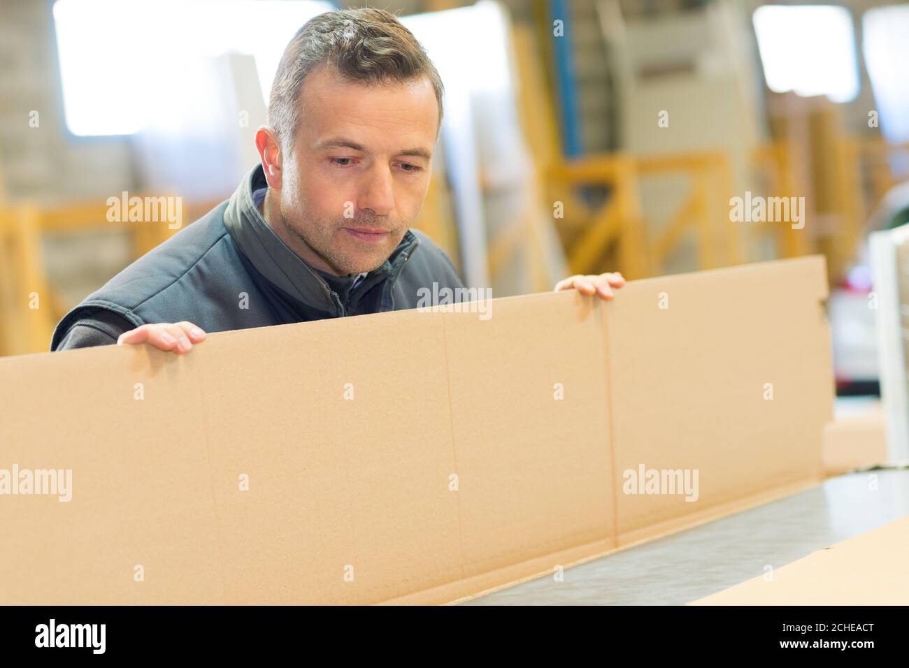 male factory worker holding cardboard Stock Photo - Alamy