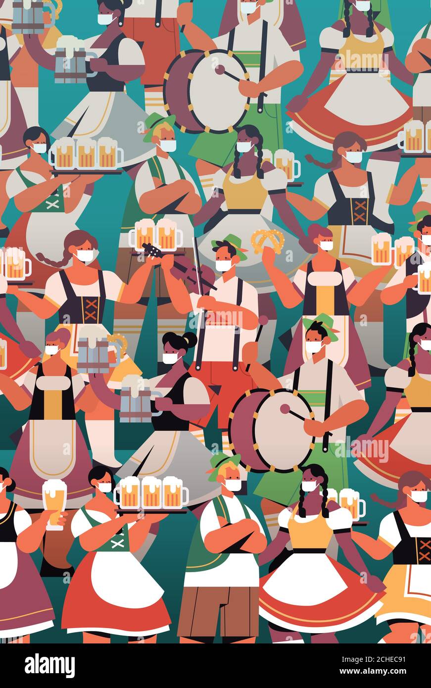 crowd of people in medical masks drinking beer Oktoberfest party ...