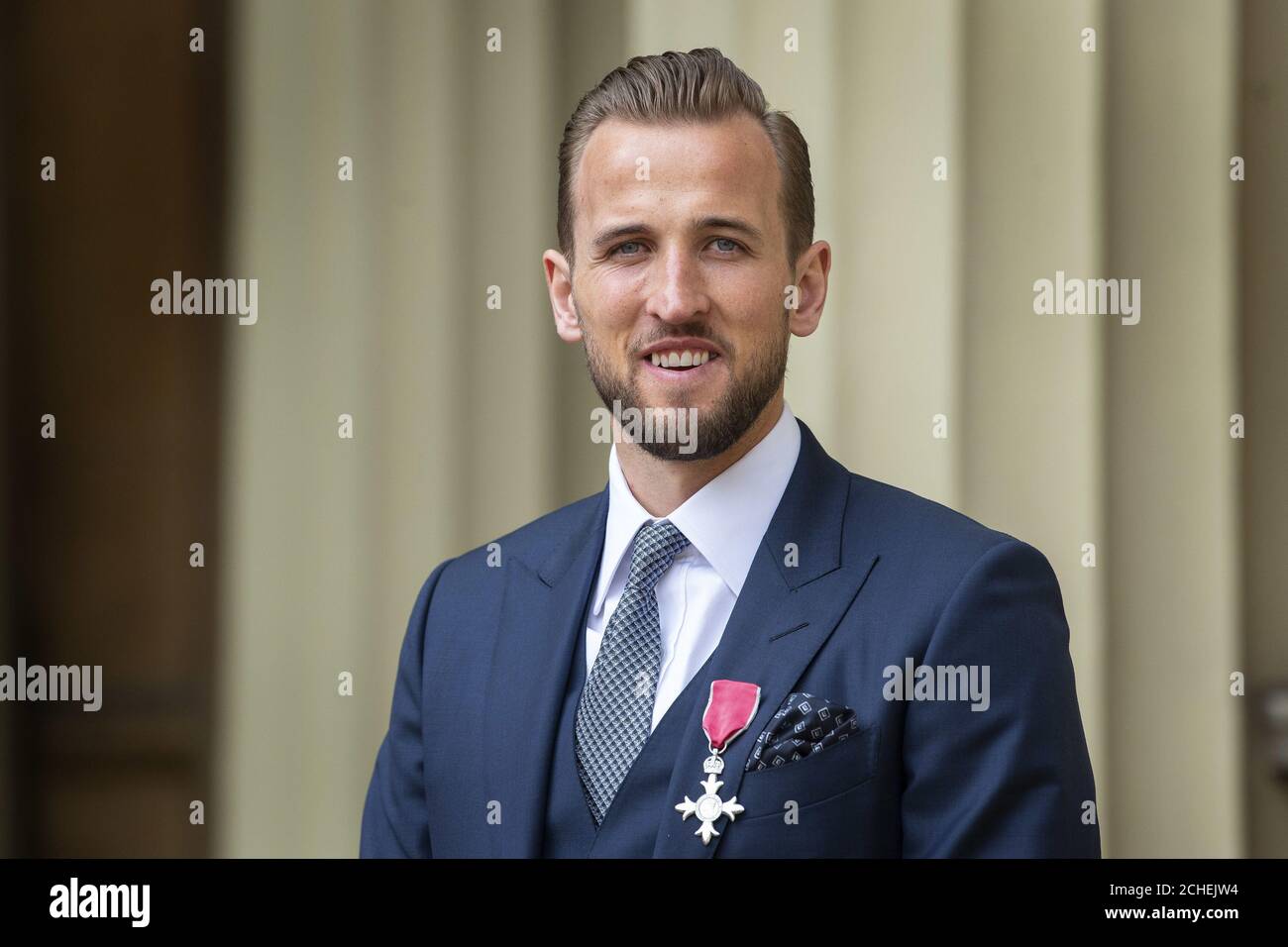 Harry Kane with his MBE at an investiture ceremony at Buckingham Palace ...