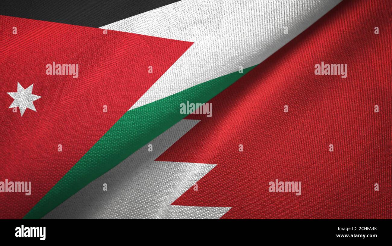 Jordan and Bahrain two flags textile cloth, fabric texture Stock Photo ...