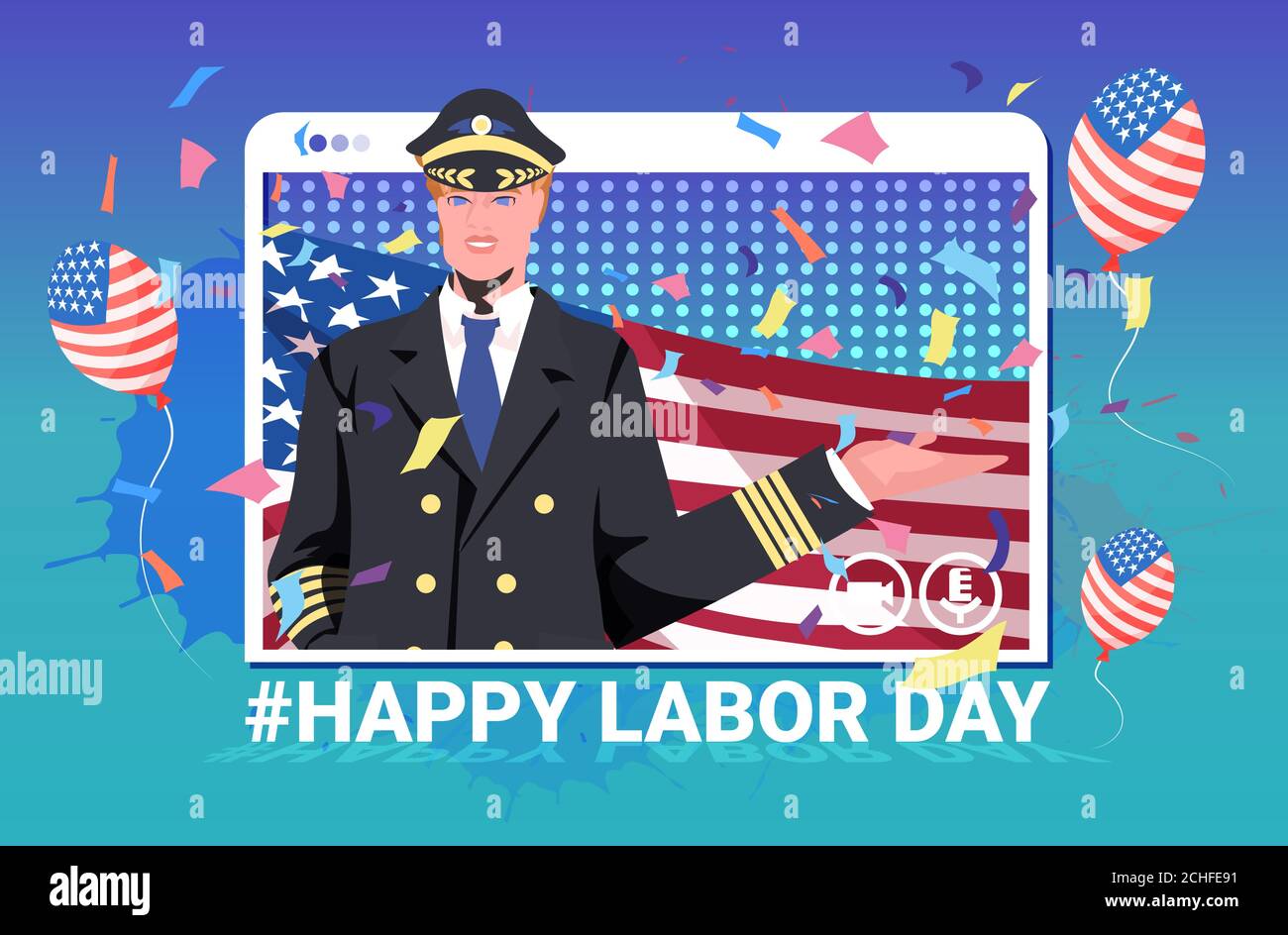 pilot in uniform holding USA flag happy labor day celebration self ...