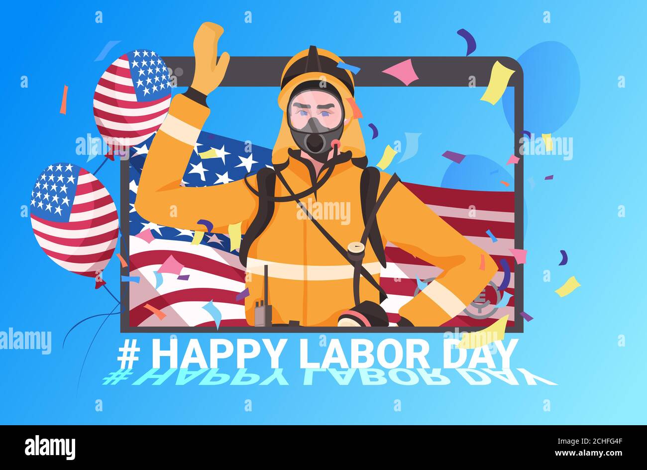 firefighter in uniform with USA flag happy labor day celebration self ...