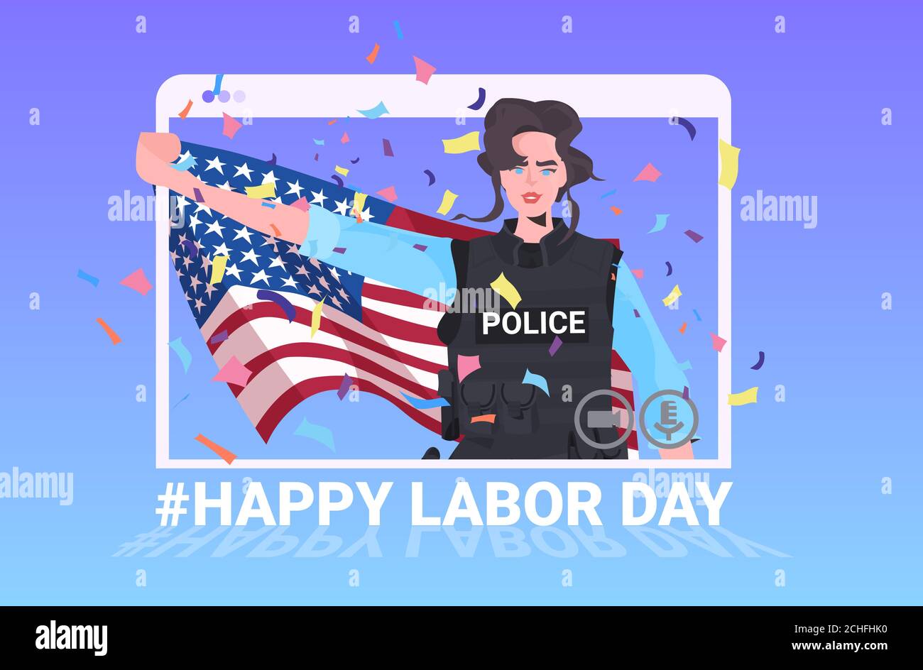 policewoman in uniform holding USA flag happy labor day celebration ...