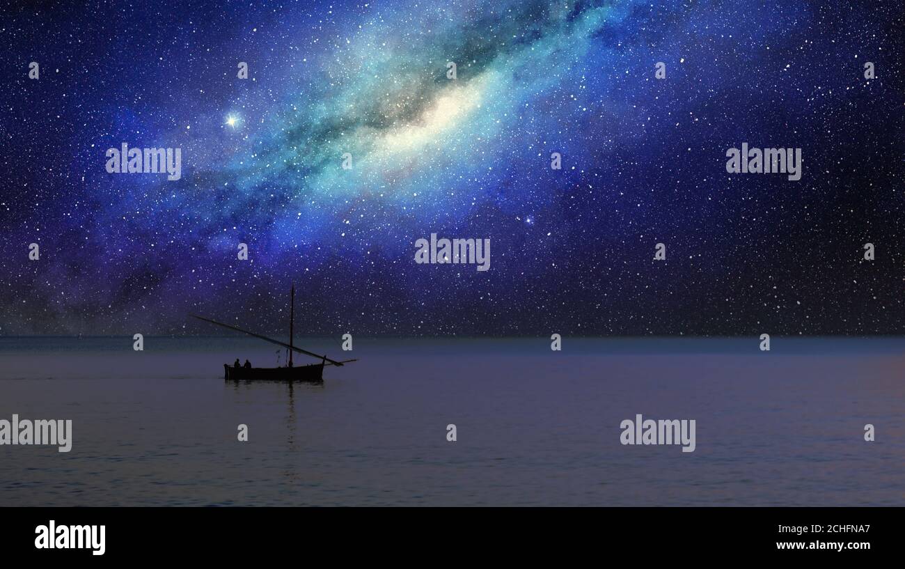 fishing boat sails under the milky way at night Stock Photo - Alamy