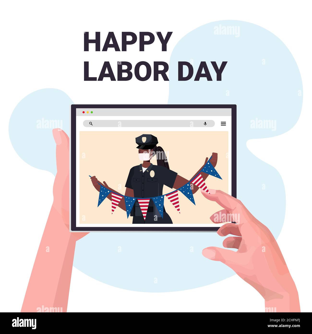 female police officer in uniform on tablet screen holding USA flag ...