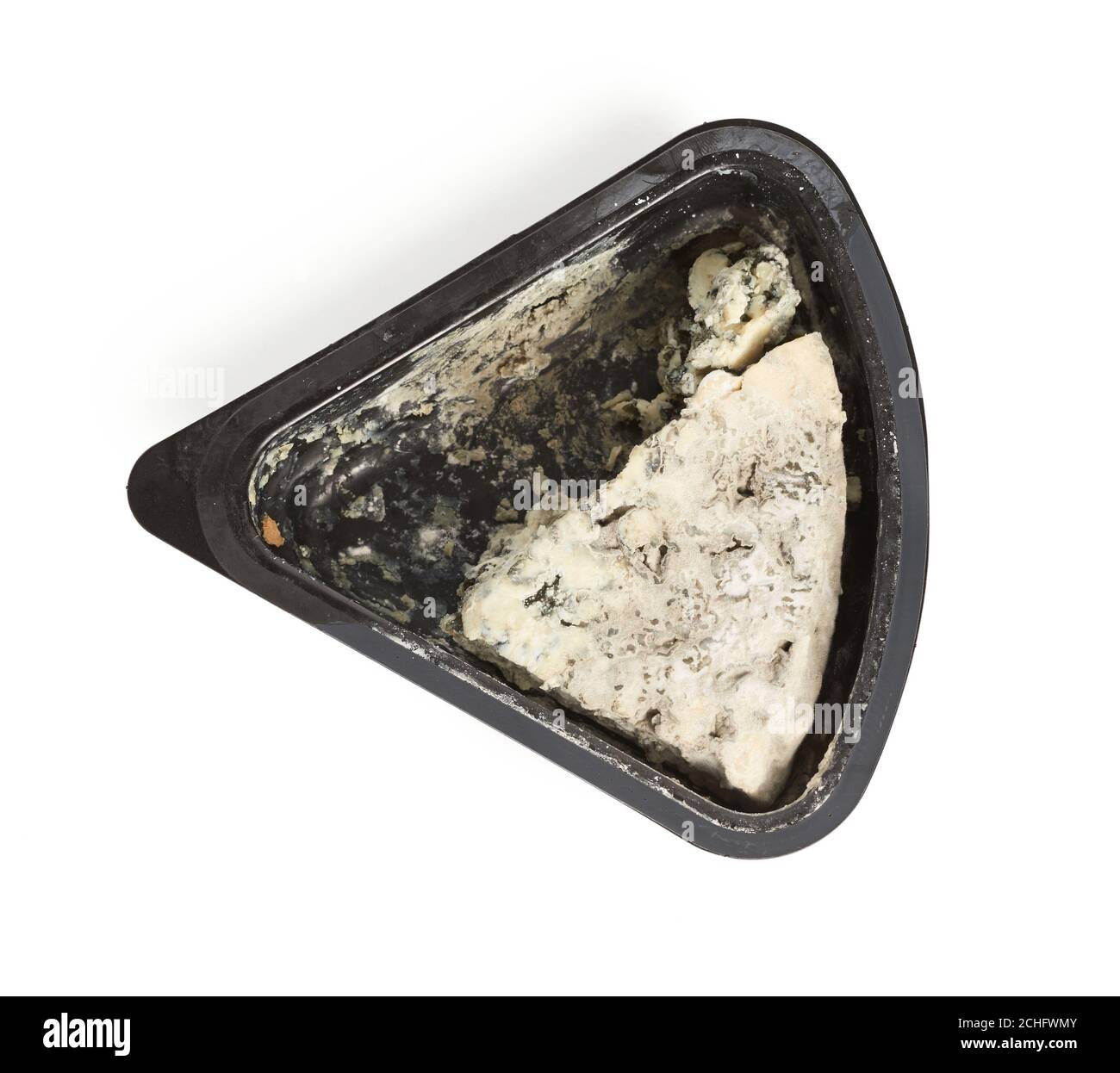 slice of blue cheese in black plastic container isolated on white ...