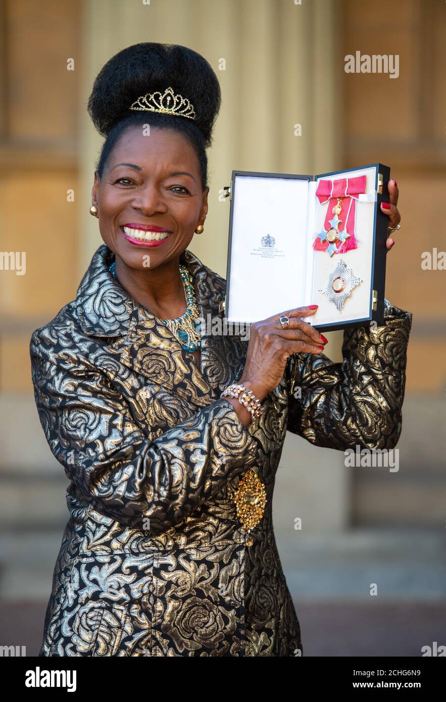 Floella Benjamin with her Dame Commander medal, after being awarded her ...