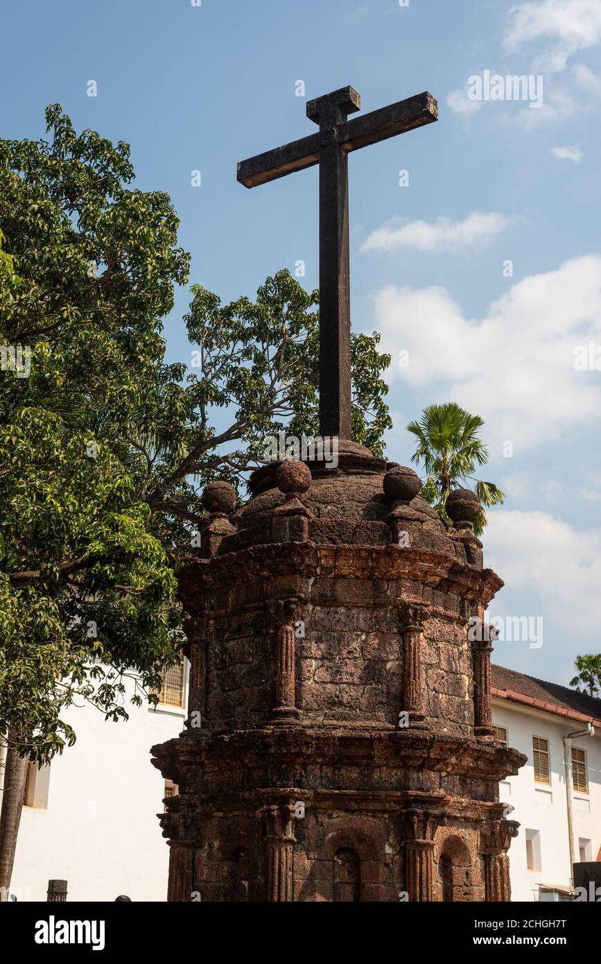 Vertical low angle shot of a cross in the Old Goa Panaji in India Stock ...
