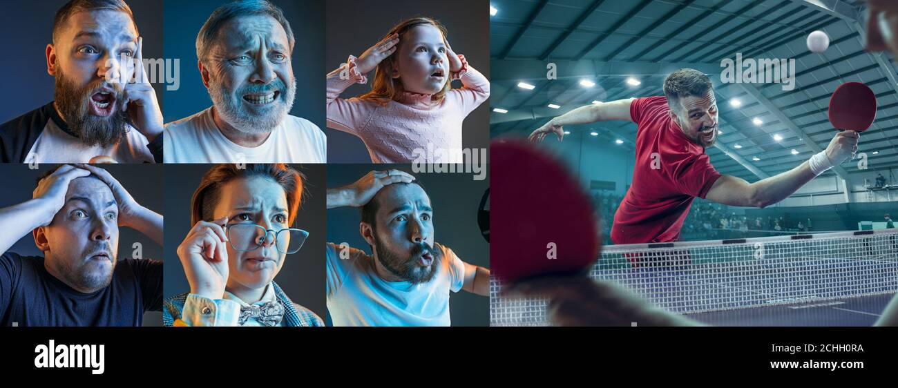 Emotional friends or fans watching table tennis, ping-pong match on TV ...