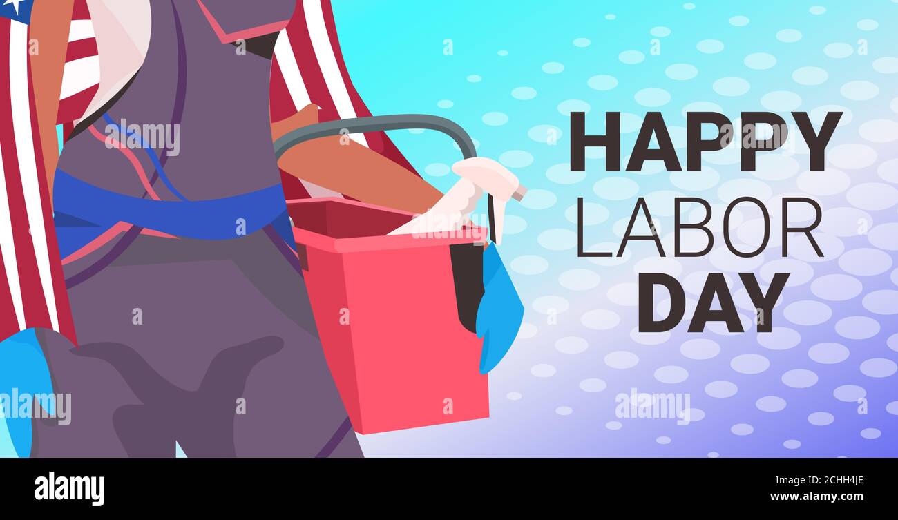 janitor with USA flag holding bucket with tools labor day celebration ...