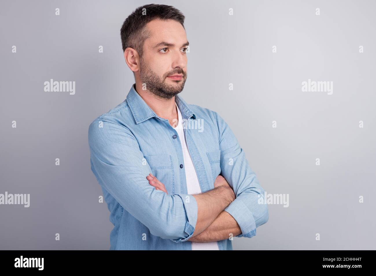 Close-up profile side view portrait of his he nice attractive serious ...