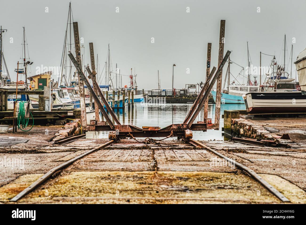 An industrial rail boat ramp or boat deployer on platform in Dragor ...