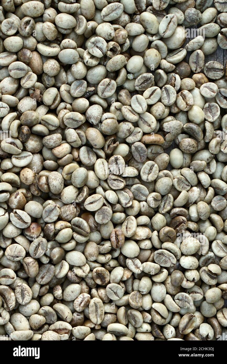 Background of raw green coffee beans with copy space in minimal style ...