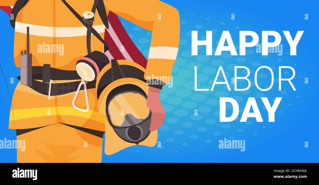 firefighter in uniform holding USA flag and helmet happy labor day ...