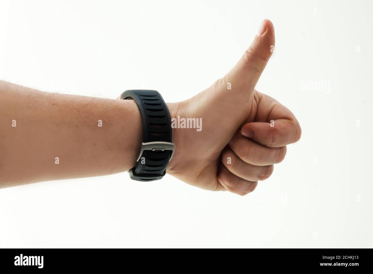 Men's hand with smart watch on white background. Thumbs up. Success ...