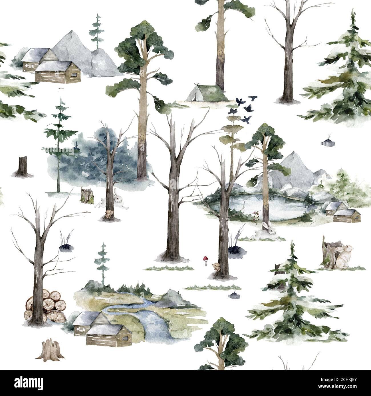 Forest seamless pattern with tree. Mountain watercolor background ...