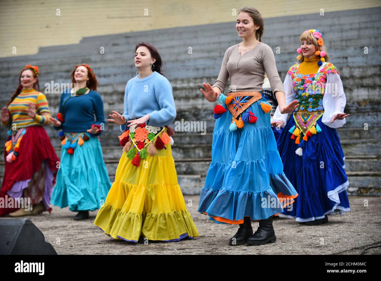Russian ethnic carnival Maslenitsa - Pancake week, people dance and ...