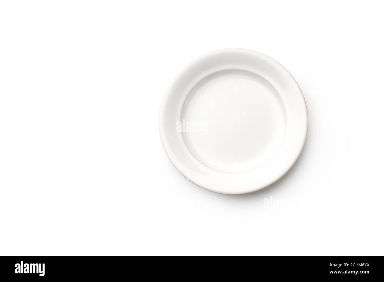 Flat lay with white classical empty plate isolated on white background ...