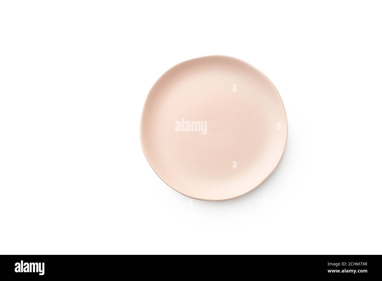 Flat lay pink modern designed matt empty plate isolated on white ...
