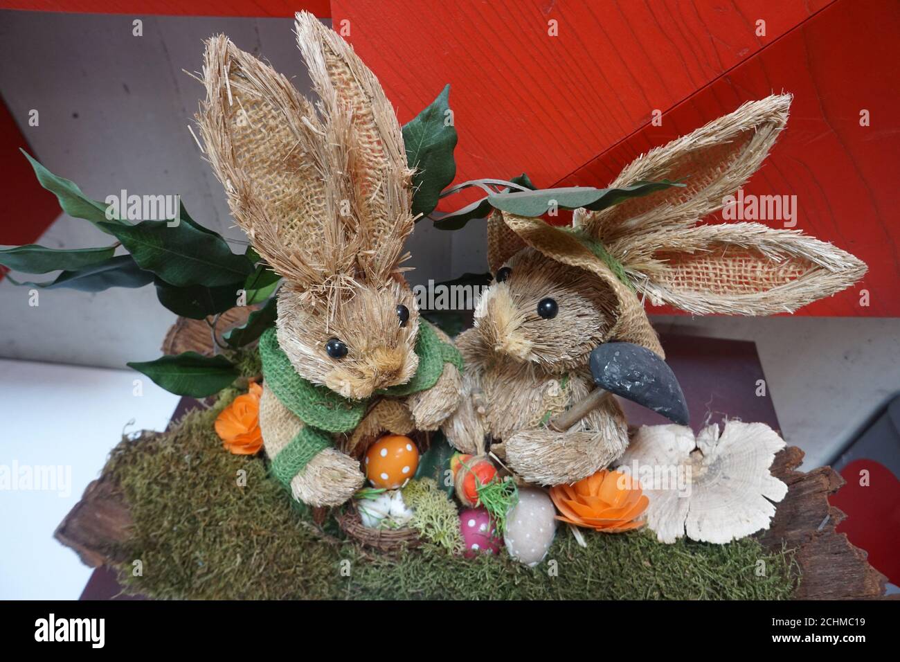 Closeup shot of bunnies handcrafted from indigenous resource materials ...