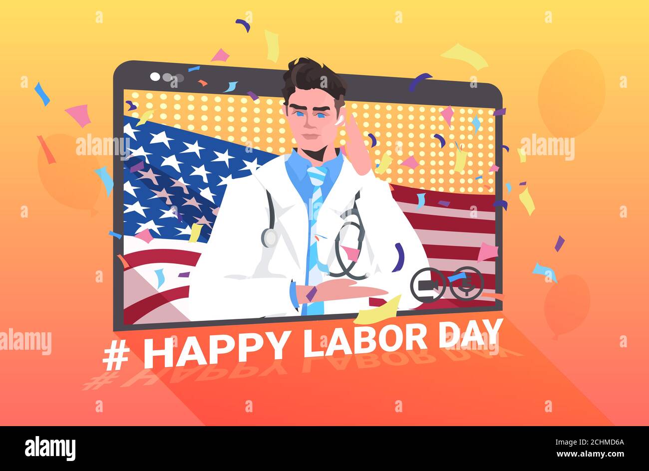 male doctor with USA flag in web browser window labor day celebration ...