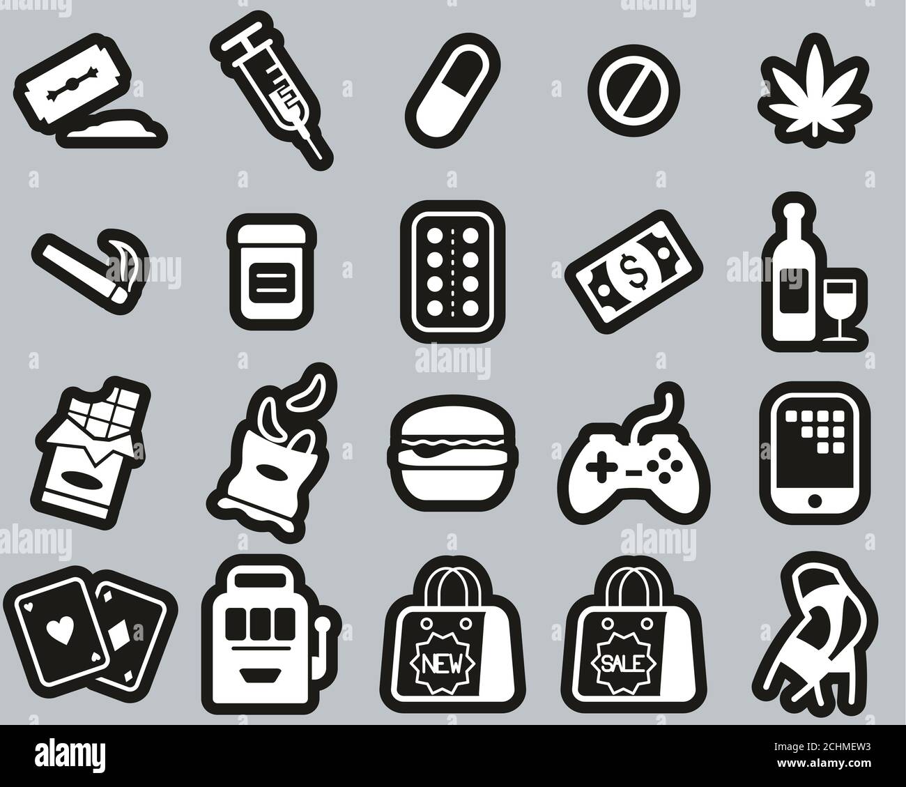 Addiction Icons White On Black Sticker Set Big Stock Photo - Alamy