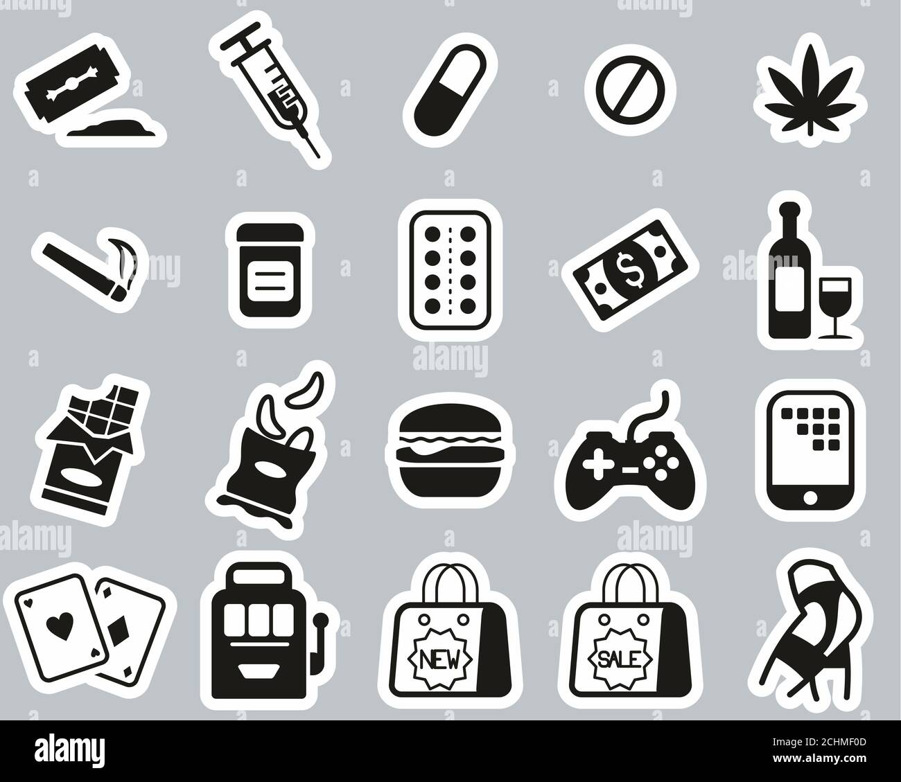 Addiction Icons Black & White Sticker Set Big Stock Photo - Alamy