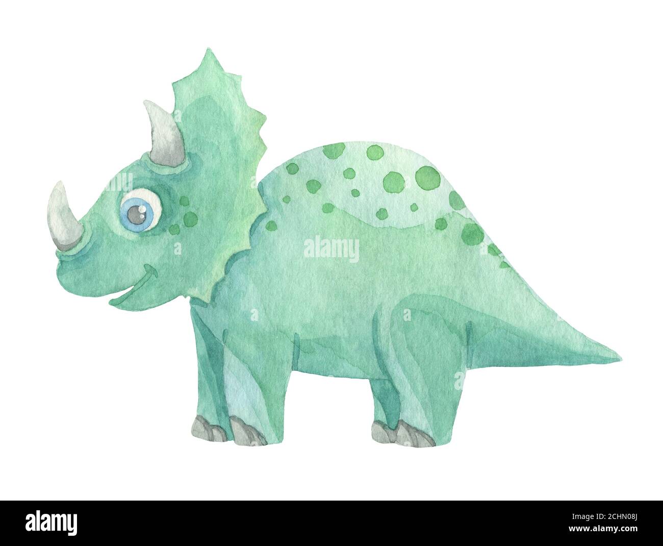 Cute cartoon green dinosaur painted in watercolor isolated on white ...