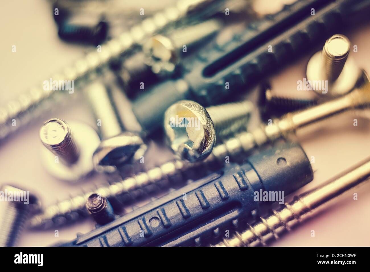 Close up view of fastening elements bolts, nails, screws, washers ...