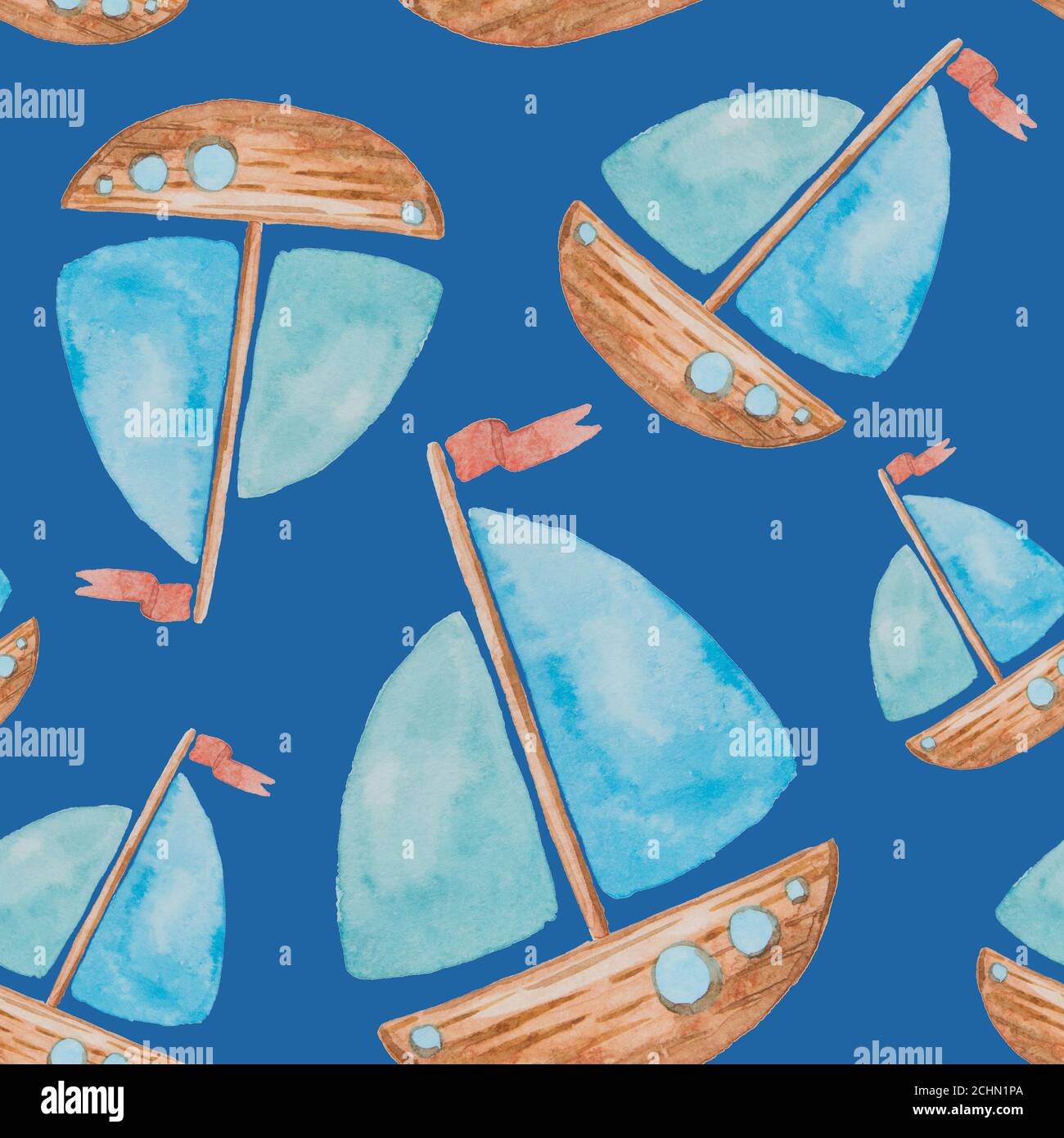 Seamless pattern on a sea theme painted watercolor with ships on a blue ...
