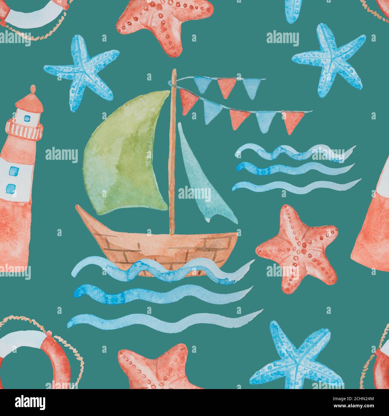 Seamless pattern on a sea theme painted watercolor with ships on a ...
