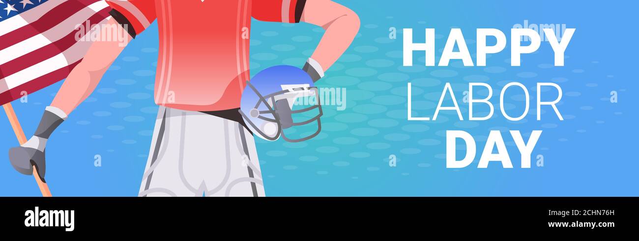american football player holding USA flag and helmet happy labor day ...