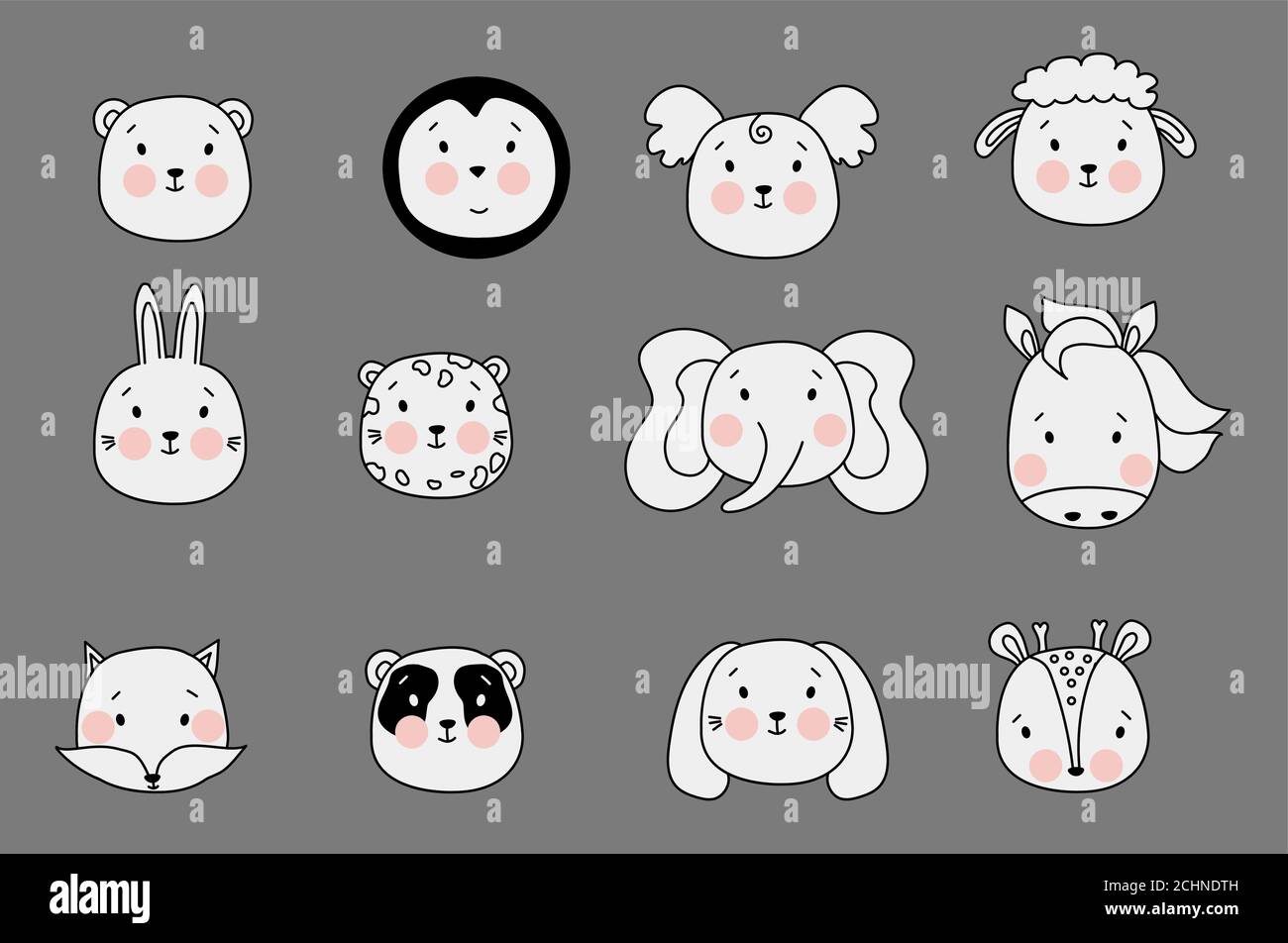 Cute simple animal portraits. Vector big set - a sheep and a bear, a ...