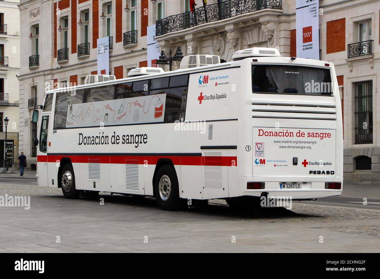 Parked Spanish Red Cross coach for blood donations in the Puerta del ...