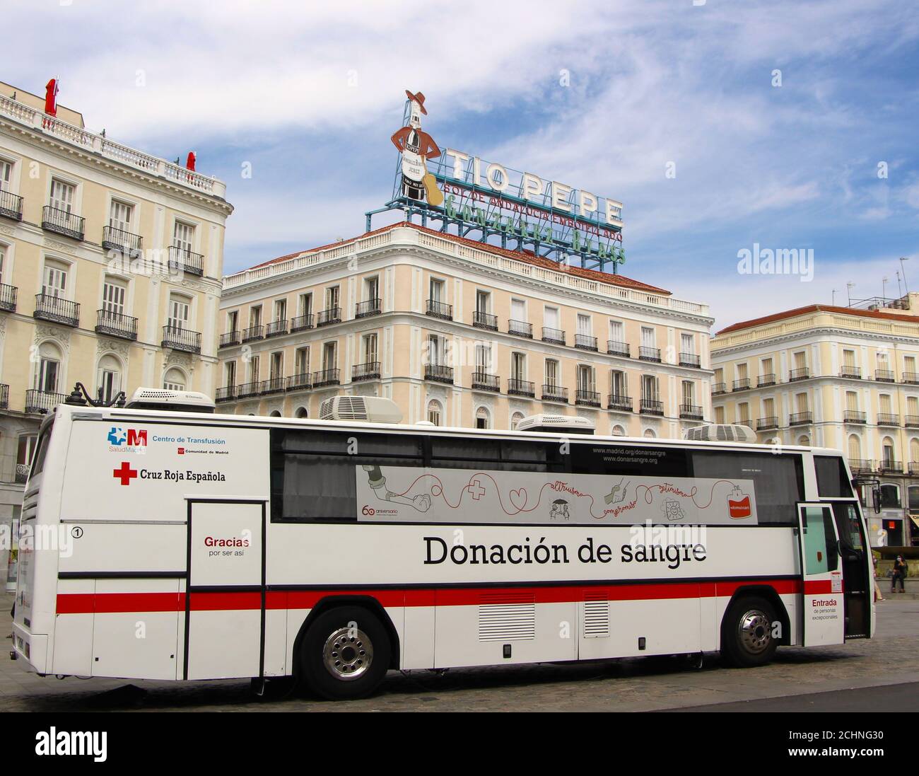 Parked Spanish Red Cross coach for blood donations in the Puerta del ...