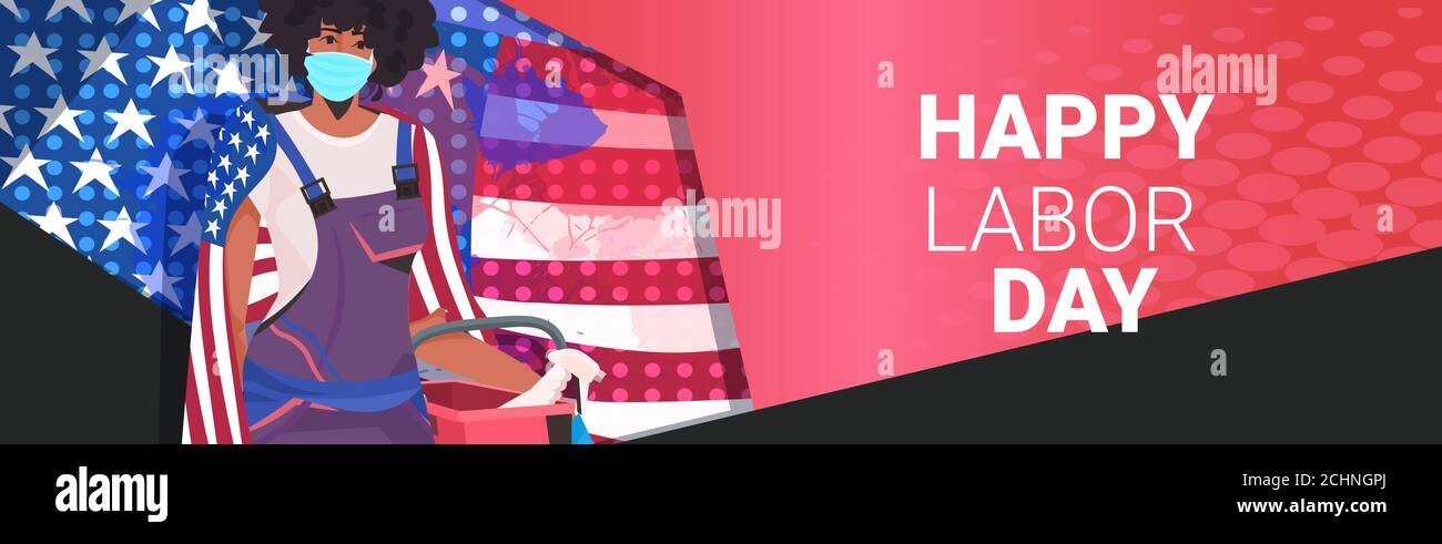 janitor with USA flag holding bucket with tools labor day celebration ...