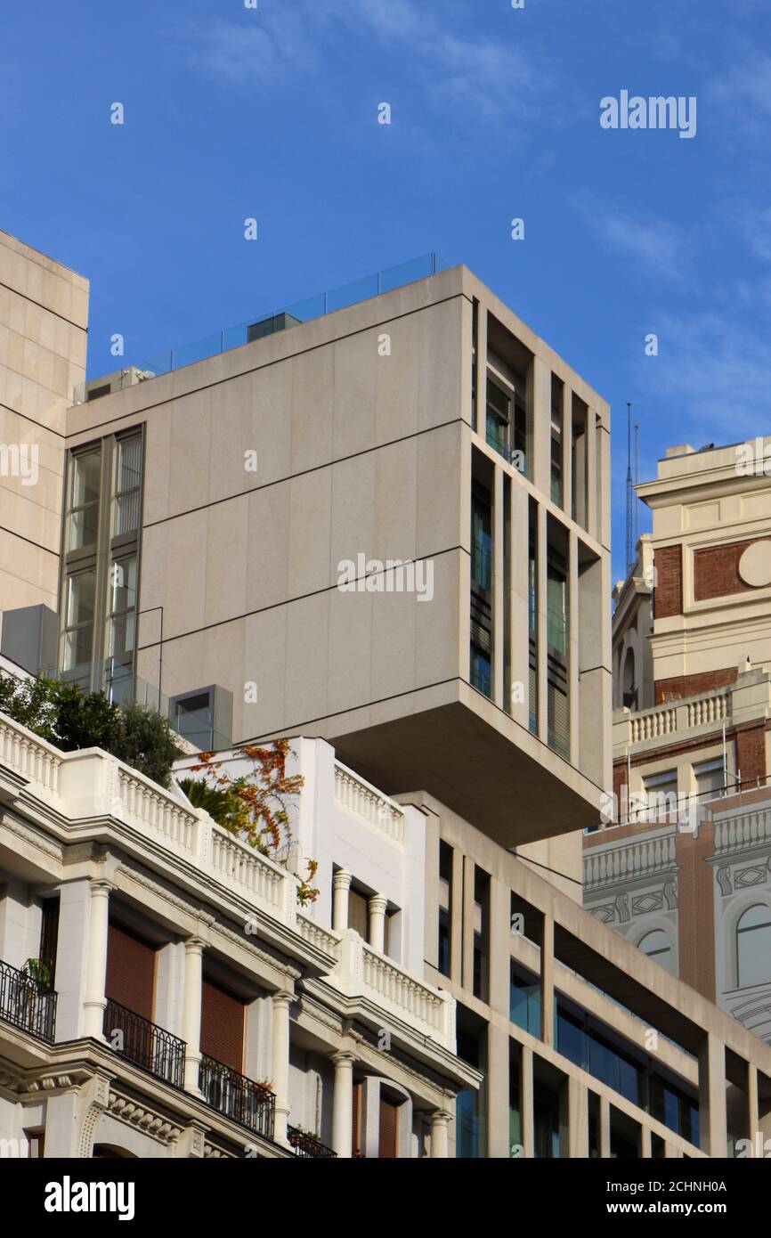 Architectural feature of a modern building on the main street Gran Via ...